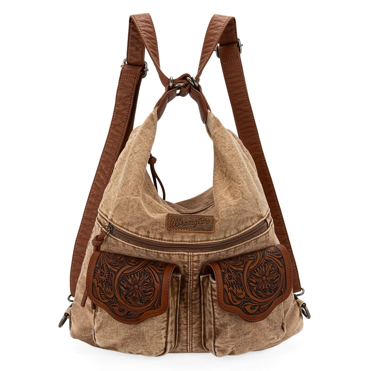 NEW STYLE! Wrangler Floral Tooled Denim Hobo/Crossbody Backpack (Conve – Saddlefox