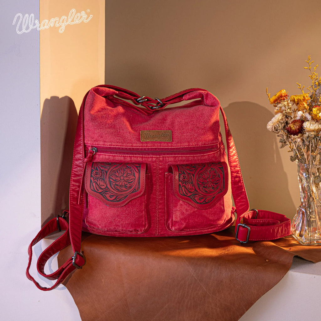 NEW STYLE! Wrangler Floral Tooled Denim Hobo/Crossbody Backpack (Conve – Saddlefox